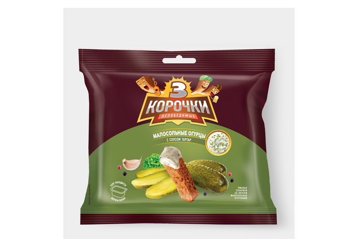 Сухарики «3 Корочки» ржаные со вкусом малосольных огурчиков и соусом ...